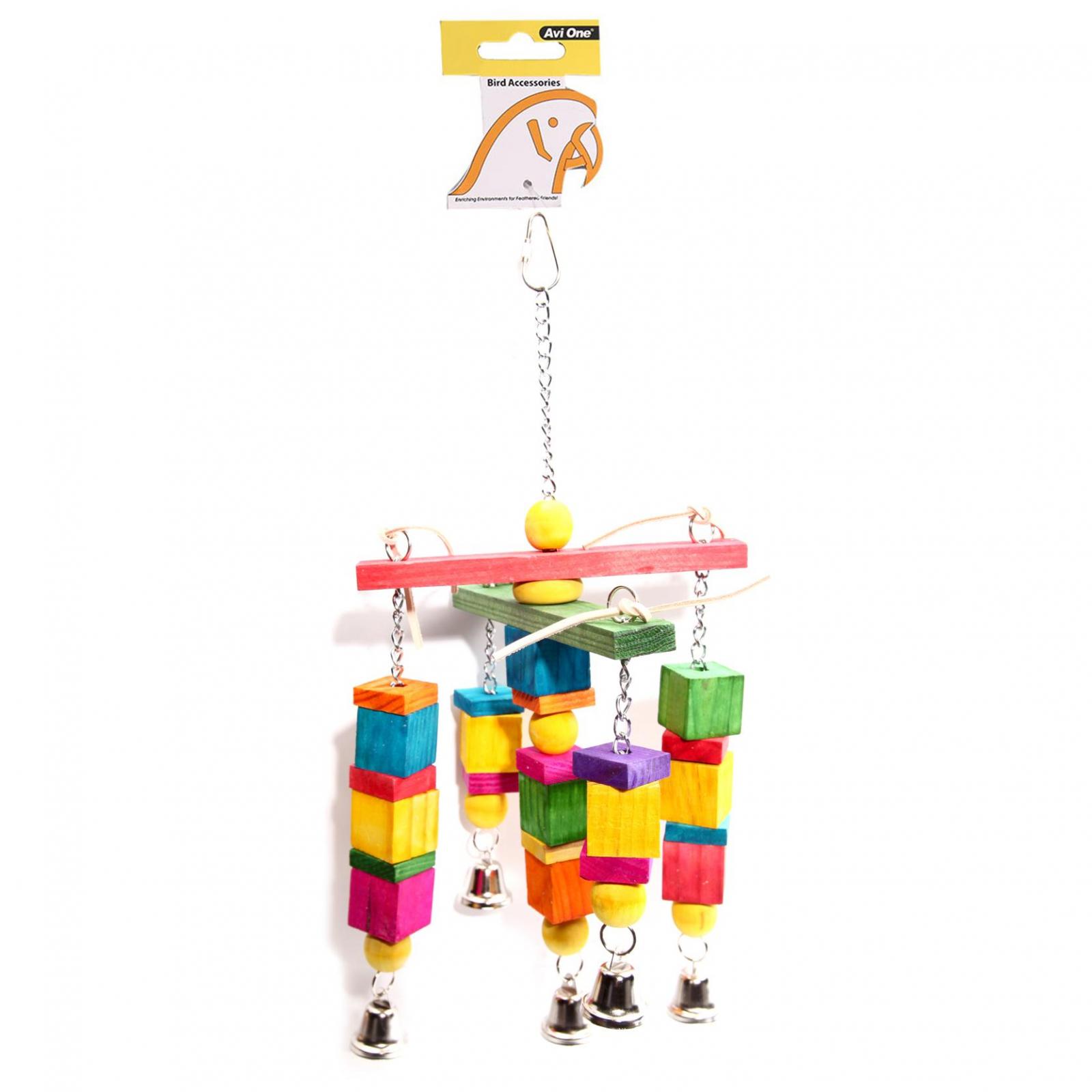 Bird Toy Leather Rope Coloured Wood Cube W.bell 40x18cm - Planet Pet